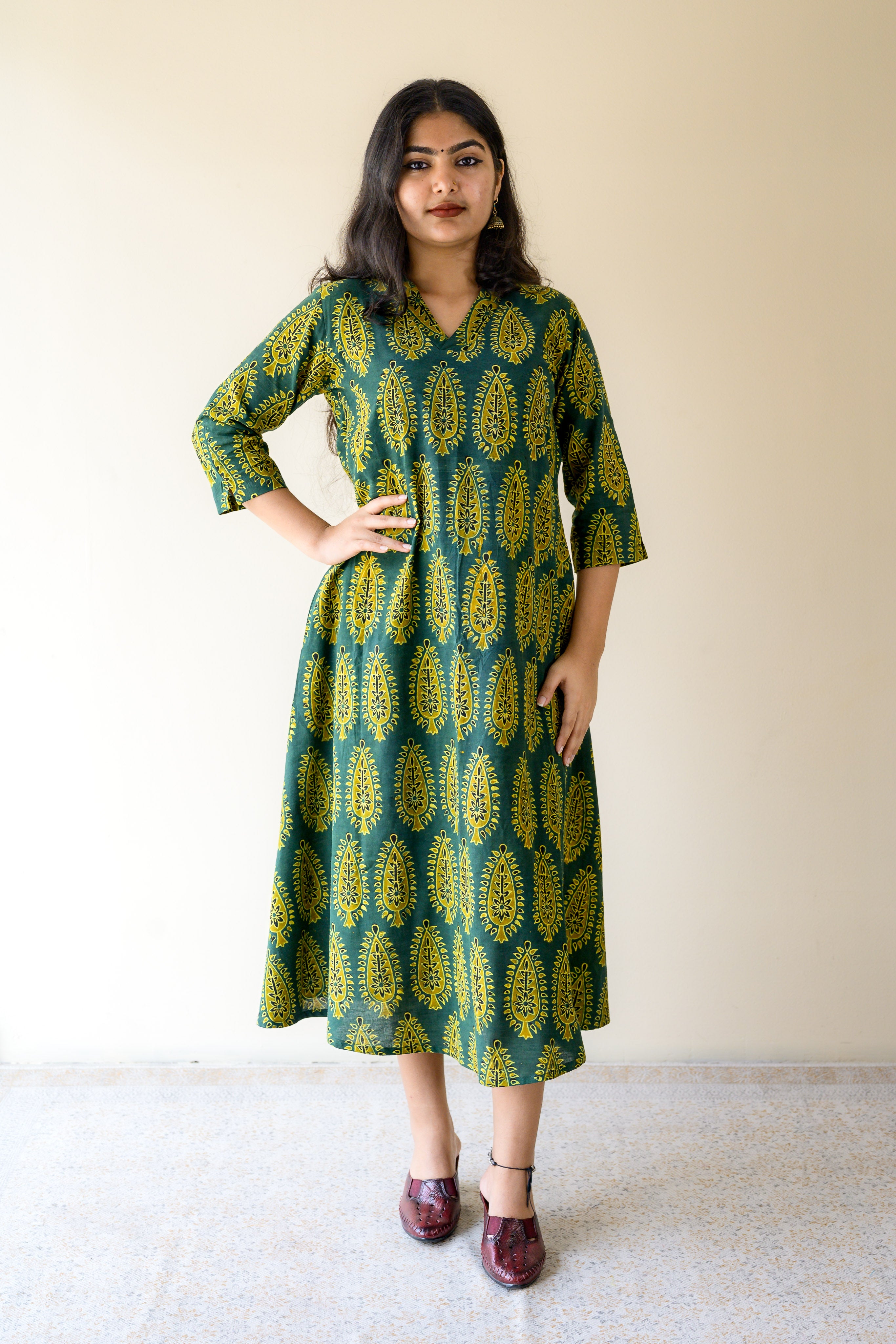 Ruhaani Bottle Green Aline Ajrakh Dress- Lobha Deepthis