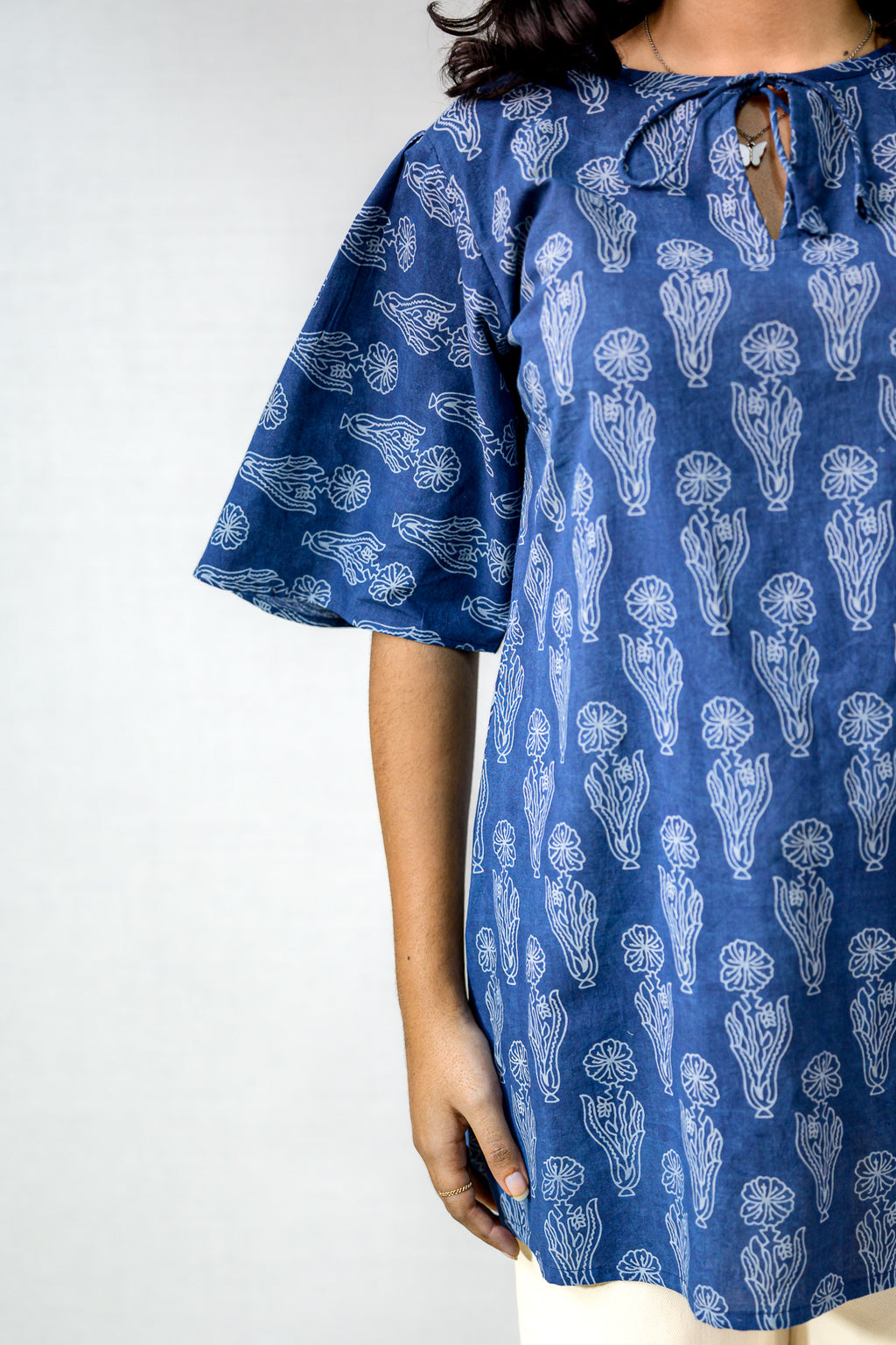 Iniya Indigo Dabu Hand Block Print Cotton Short Top- Lobha Deepthis