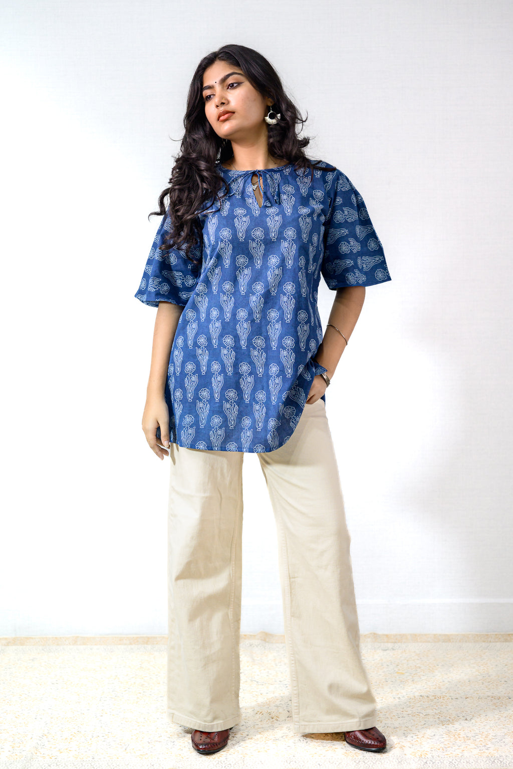 Iniya Indigo Dabu Hand Block Print Cotton Short Top- Lobha Deepthis