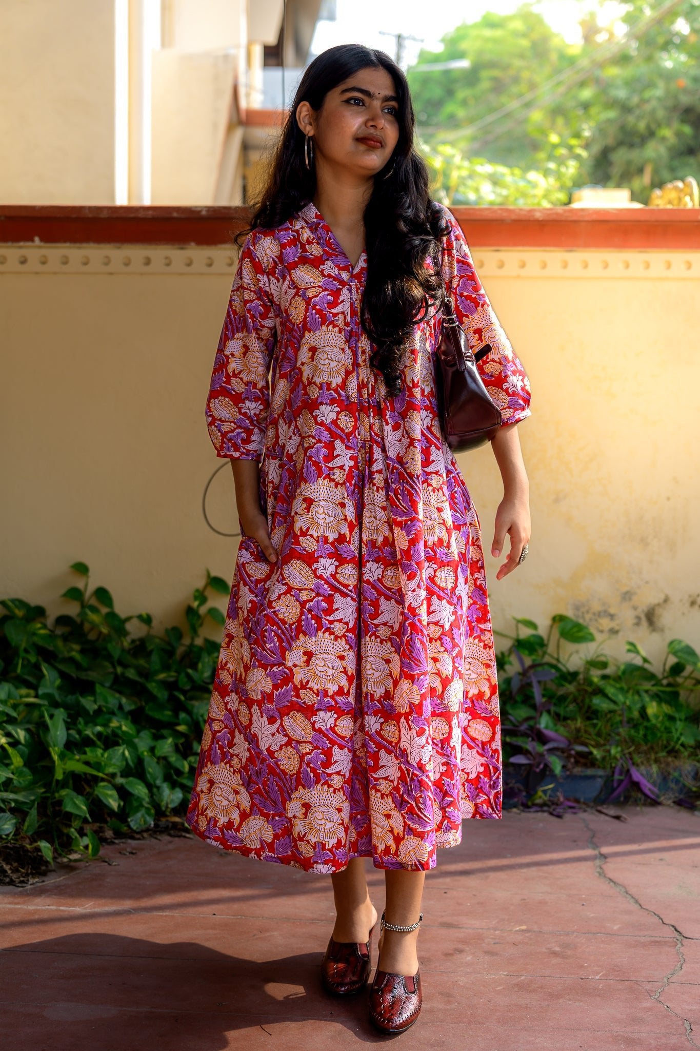 Camellia Sanganeri Pure Cotton Front Pleated Dress- Lobha Deepthis