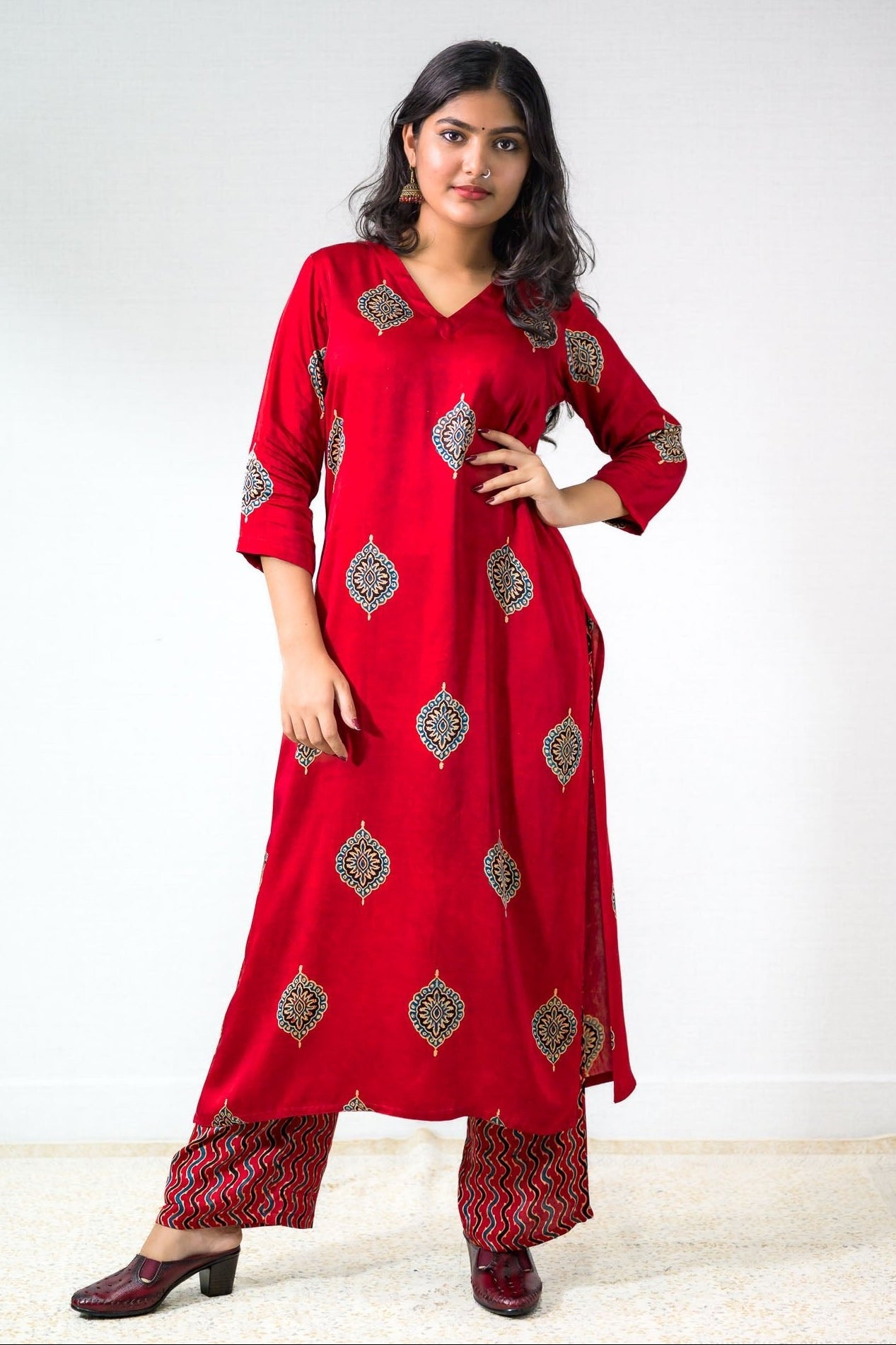 Gulrang Modal Silk Ajrakh Hand Print Straight Kurta- Lobha Deepthis