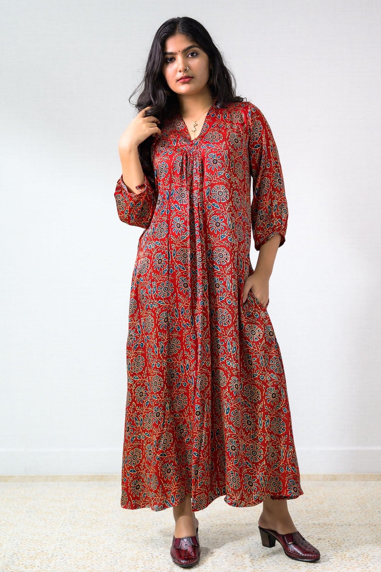 Gulshan Modal Silk Madder Red Ajrakh Dress with Pockets- Lobha Deepthis