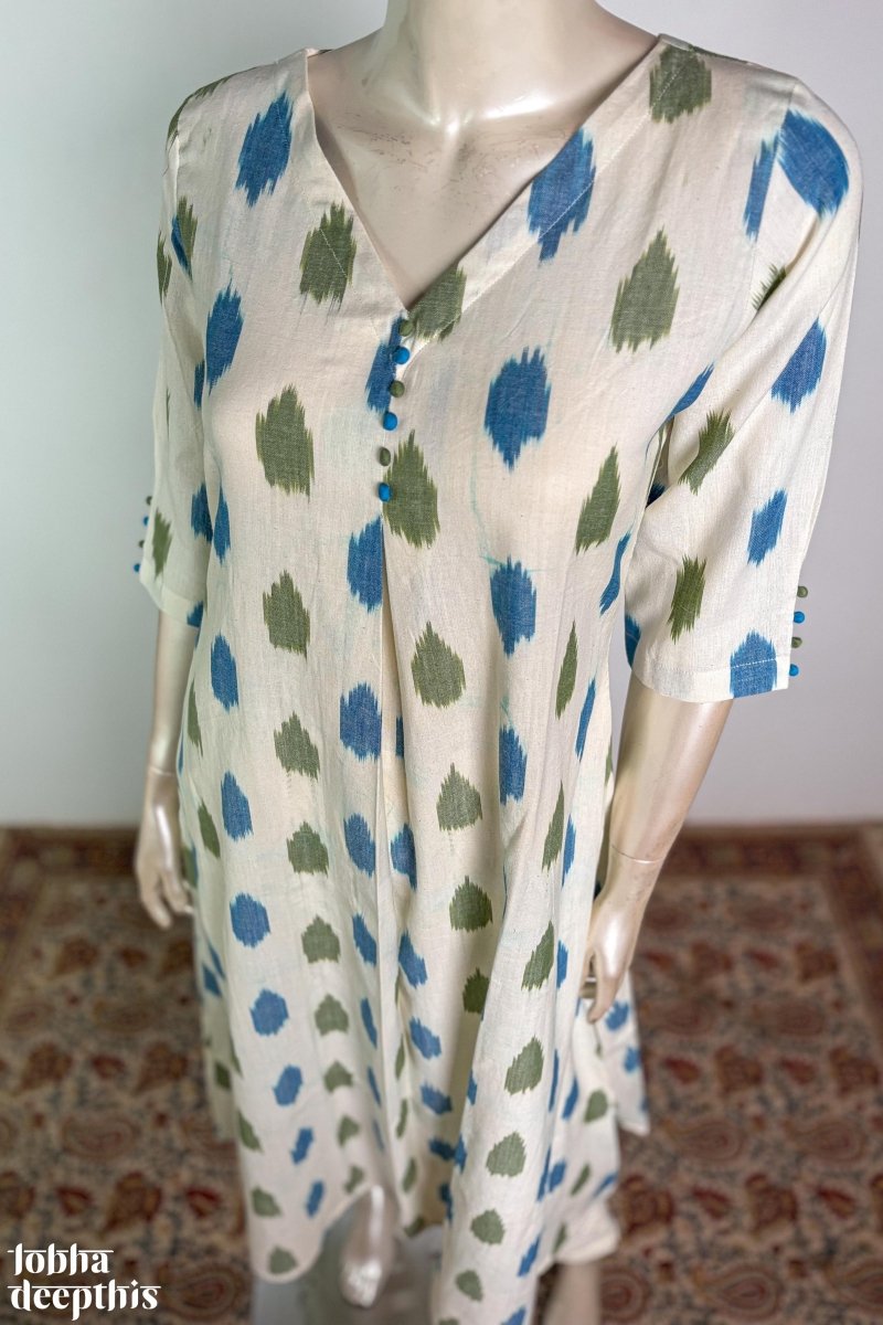 Ikkat Cream Pure Cotton V Neck Box Pleated Kurta- Lobha Deepthis