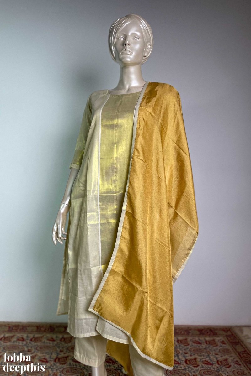 Golden Tissue Straight Kurta with Kerala Kasavu- Lobha Deepthis