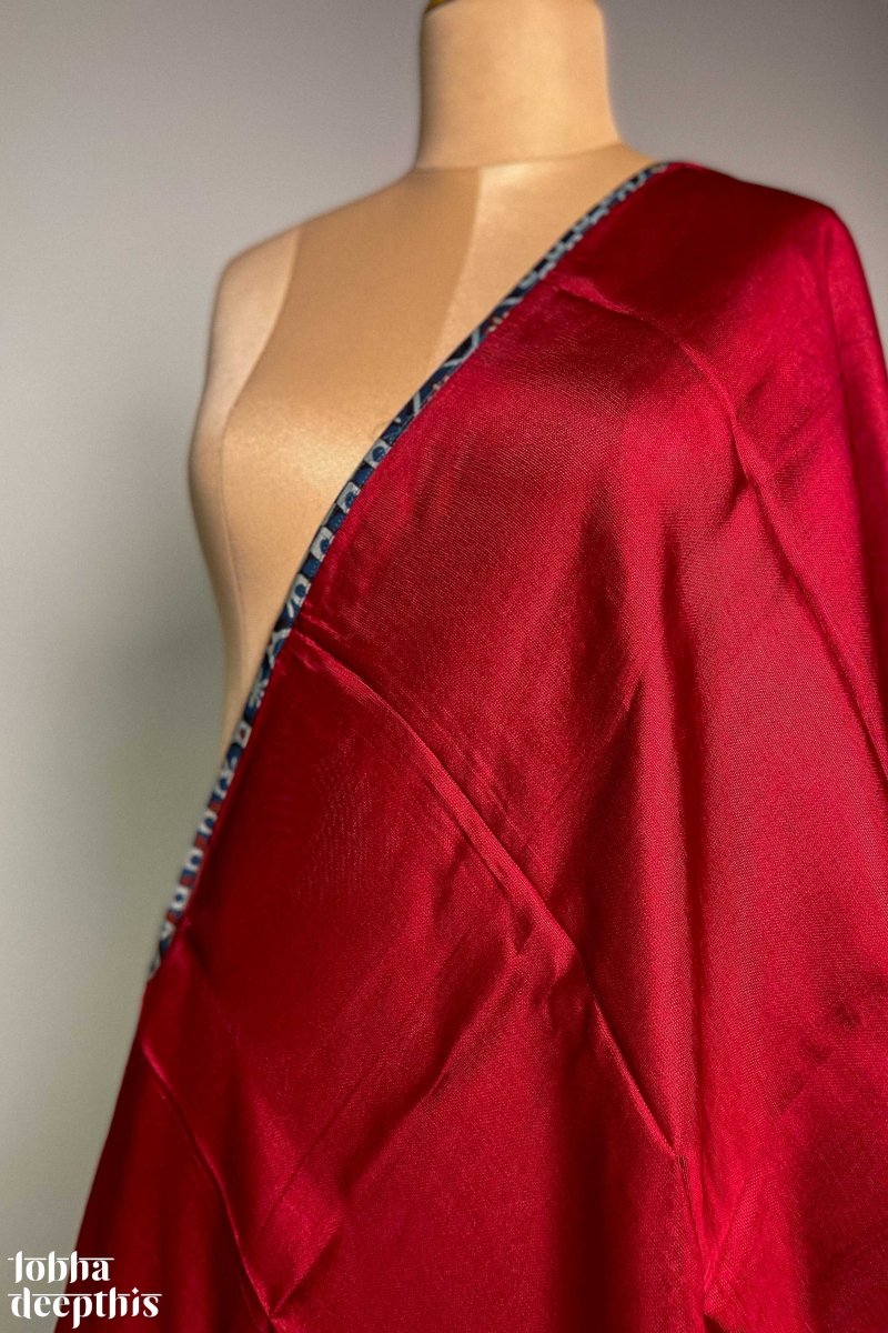 Red Crispy Georgette with Indigo Modal Ajrakh Border Dupatta-Lobha Deepthis