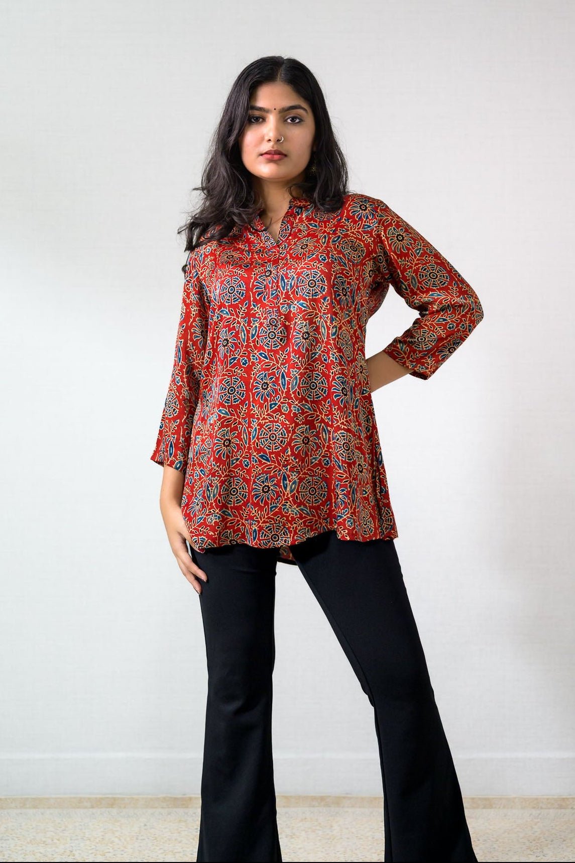 Red Spring Modal Silk Ajrakh Short Top- Lobha Deepthis