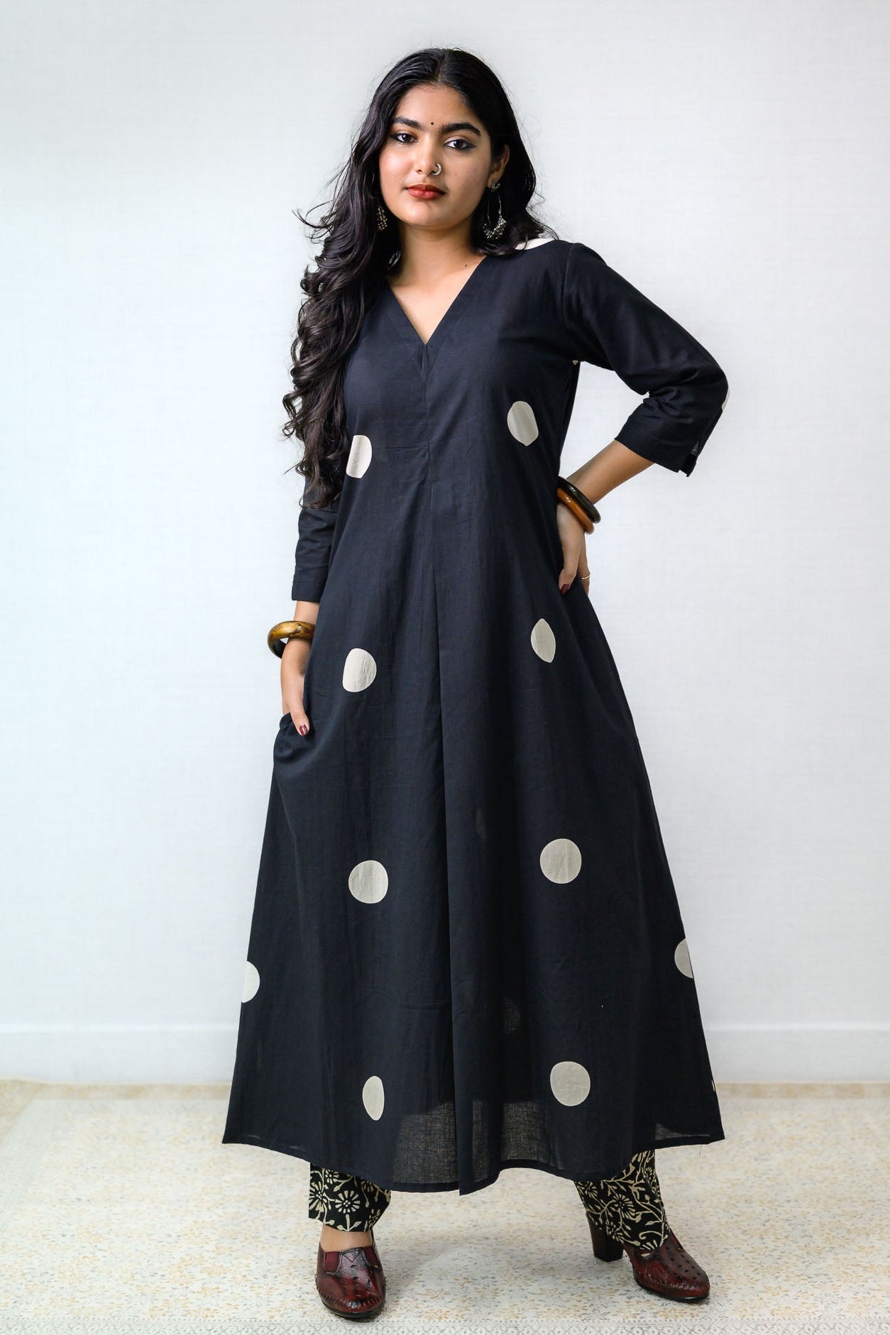 Polka Loca Black Box Pleated Sanganeri Cotton Dress- Lobha Deepthis