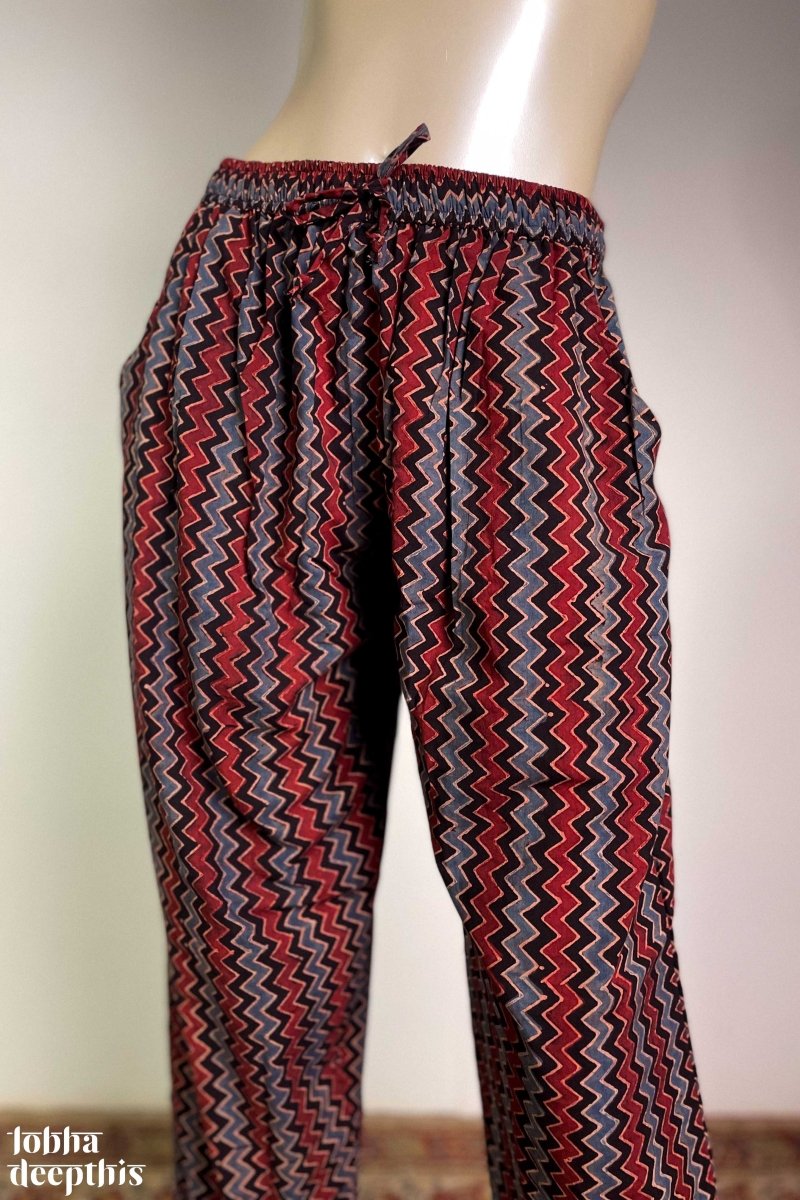 Zig Zag Black Ajrakh Hand Block Cotton Straight Pants- Lobha Deepthis